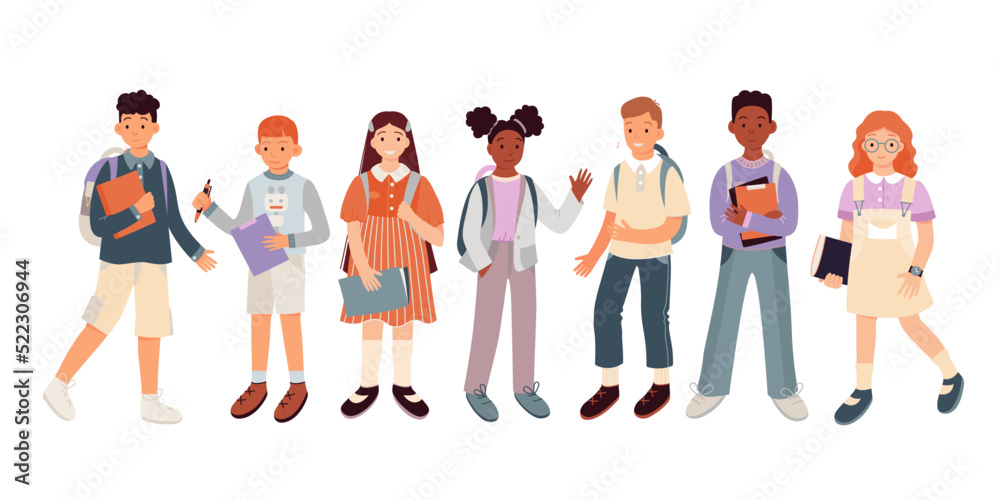 Cartoon isolated diverse group of cute children students of primary ...