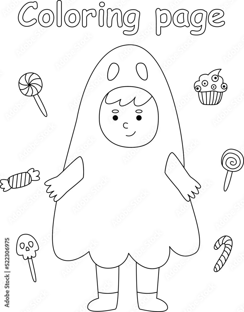 Halloween coloring page for kids. Cute children in costume ghost and ...