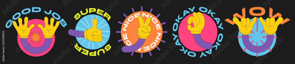 Cartoon hand drawn abstract comic. Set of multicolored hand signs and ...