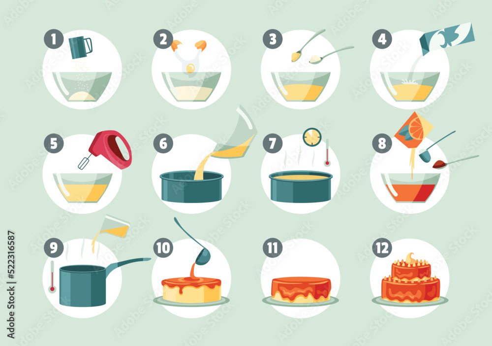 Step by step preparation cake set. Baking ingredients and food ...