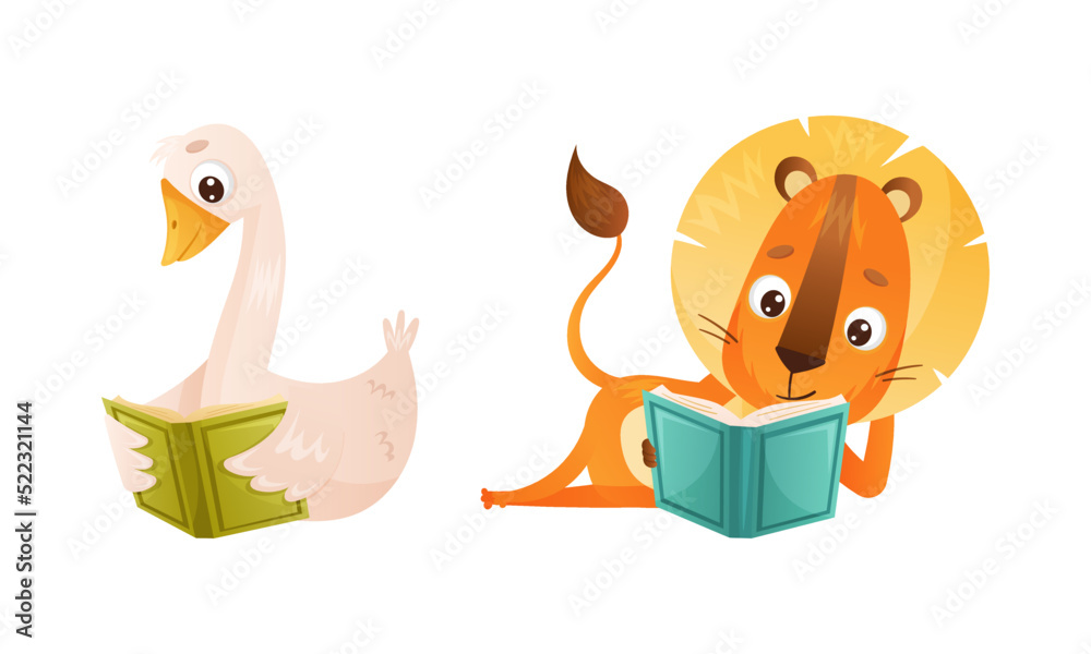Cute baby animals reading books set. Lion, gosling sitting with book ...