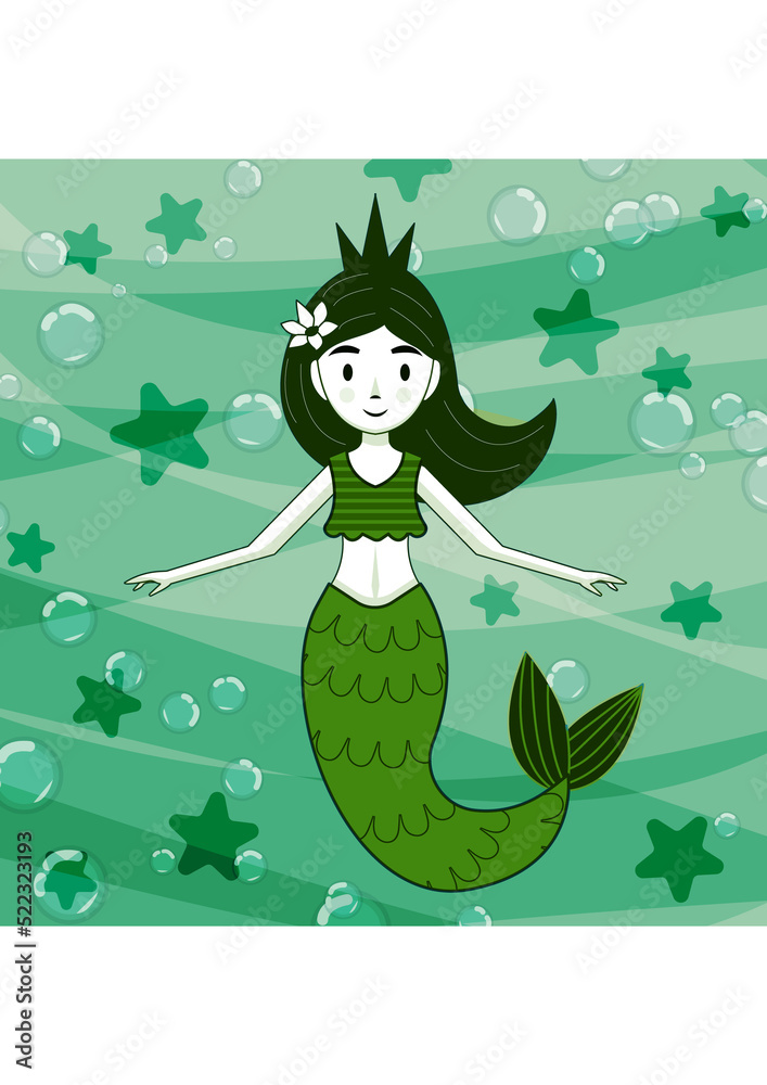 Vector image of a girl with a fish tail. A mermaid with green hair. A ...