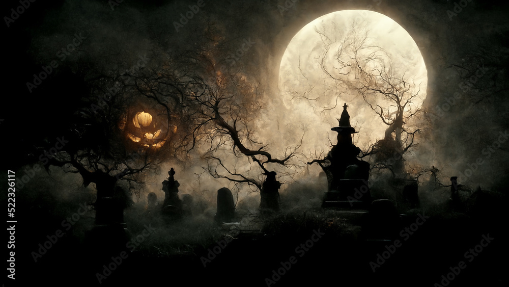 3D illustration of a Halloween concept dark background of a castle and ...