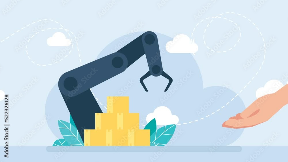 Automatic production conveyor. Cooperation of man and robotic hand ...