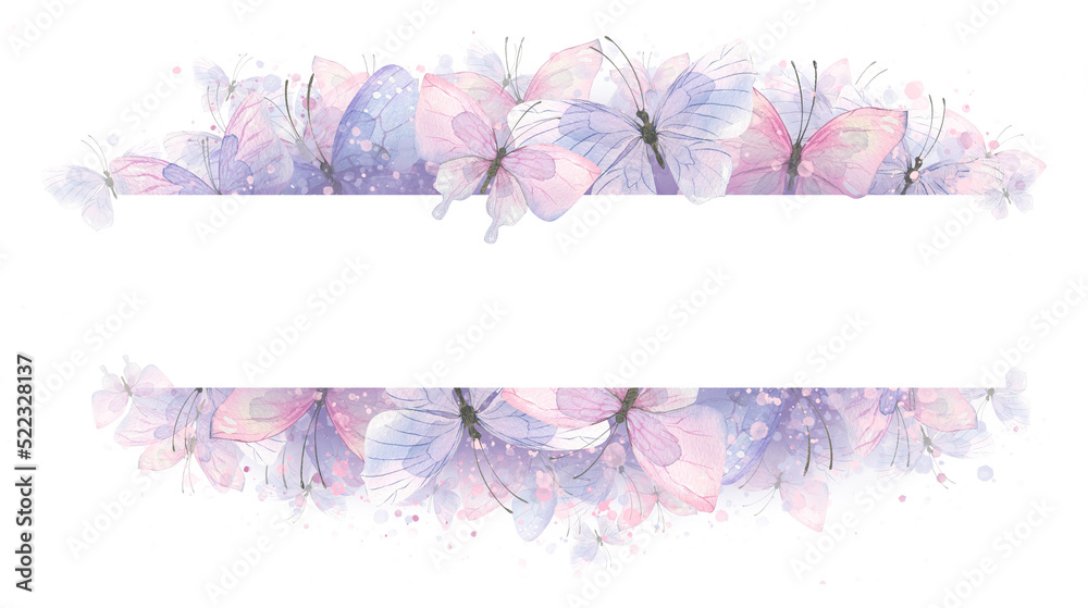 Horizontal frame, banner with delicate pink and purple butterflies ...
