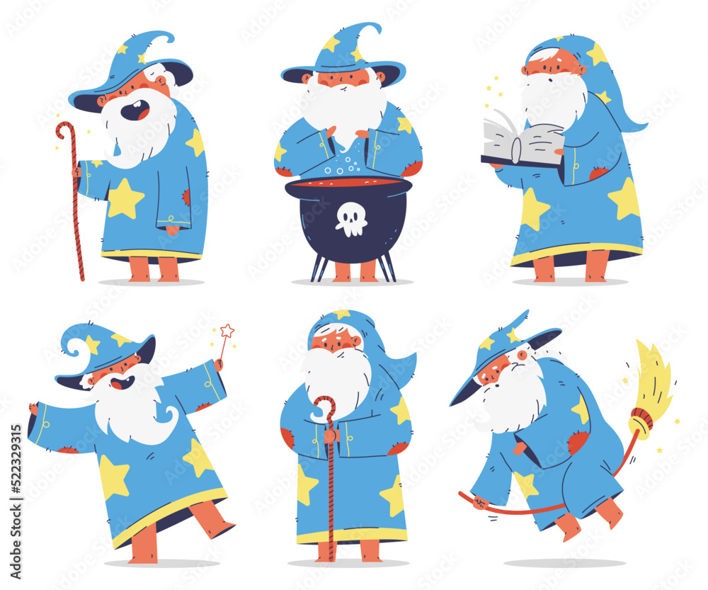Cute medieval wizard vector cartoon characters set isolated on a white ...