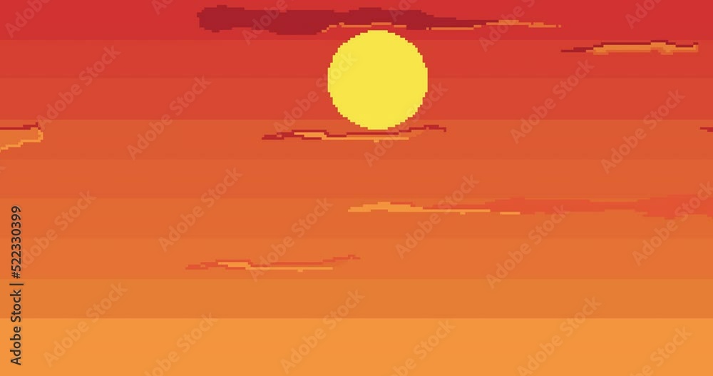 Pixel game, sky, clouds, sun. Retro sci-Fi animation. Pixel art 8 bit ...