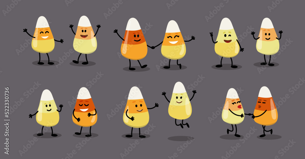Set of Candy Corn characters. Funny merry dancing Halloween candies ...