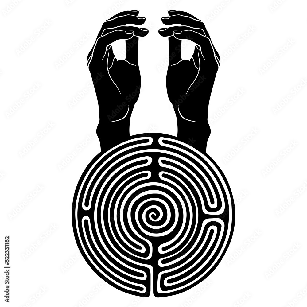 Two raised up beautiful female hands emerging from a round spiral maze ...