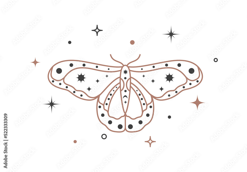 Mystical celestial outline moth with stars line art. Spiritual elegant ...