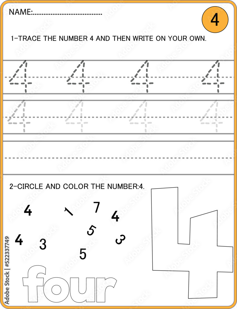 Tracing numbers activity. Trace the number 4 Educational children game ... Tracing numbers activity. Trace the number 4 Educational children game ...
