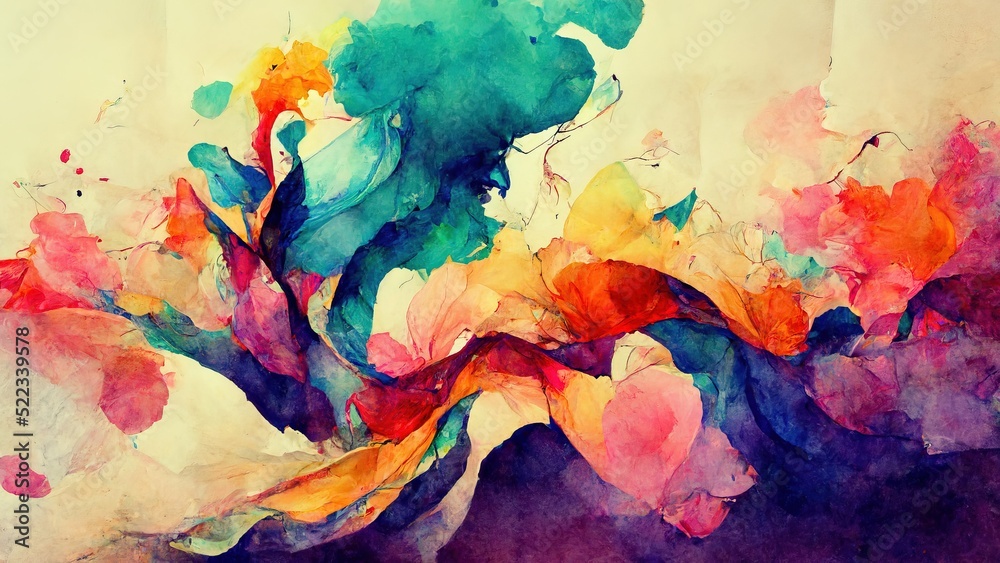 Colorful watercolor with abstract shapes and forms on yellow, brown ...