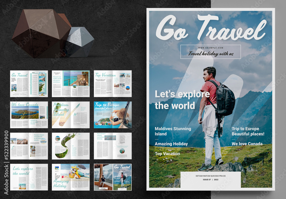 Travel Magazine Layout with Turquoise Accents Stock Template | Adobe Stock