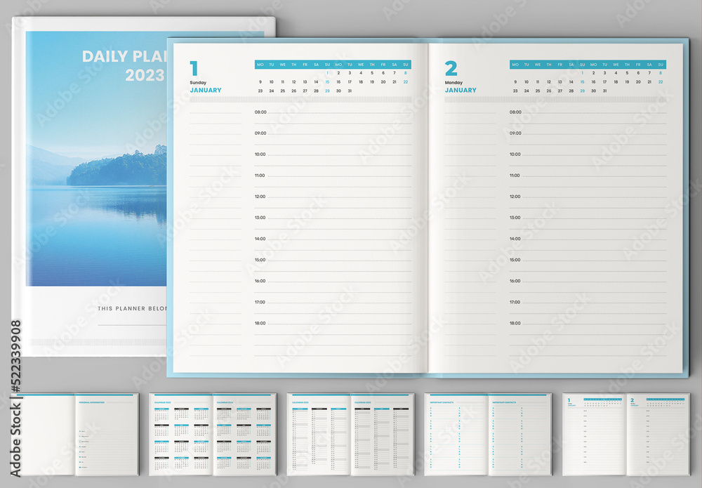 Daily Planner 2023 Layout with Blue Accents Stock Template | Adobe Stock