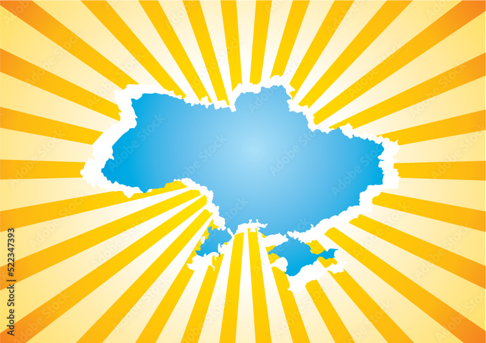 Map of Ukraine against the background of diverging rays. Sunrise of ...