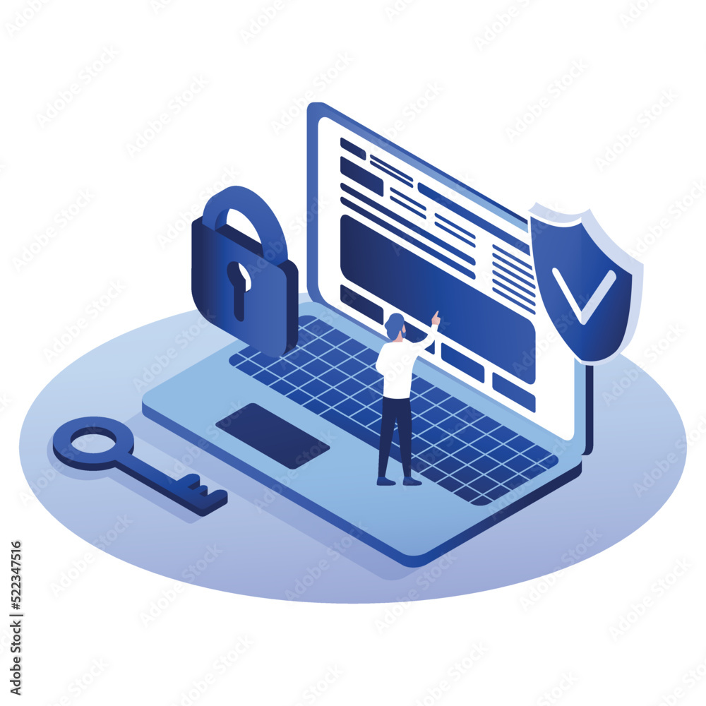 Cybersecurity isometric icon, data security concept, protected computer network, shield with ...