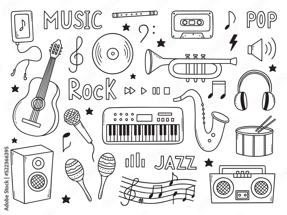 Hand drawn Music doodle. musical instruments, notes, headphones in ...