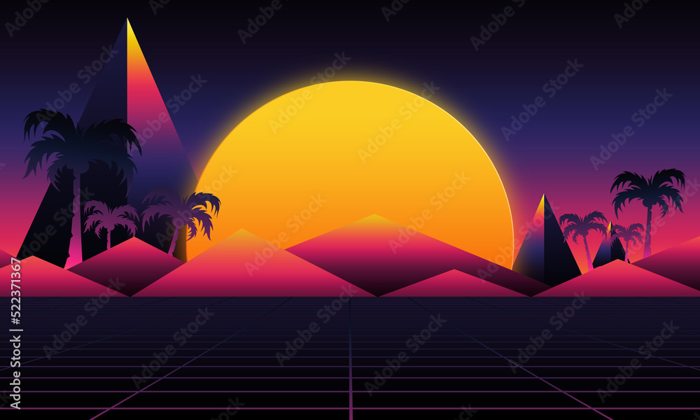 Synthwave and retrowave flyer background, vaporwave 80's landscape ...