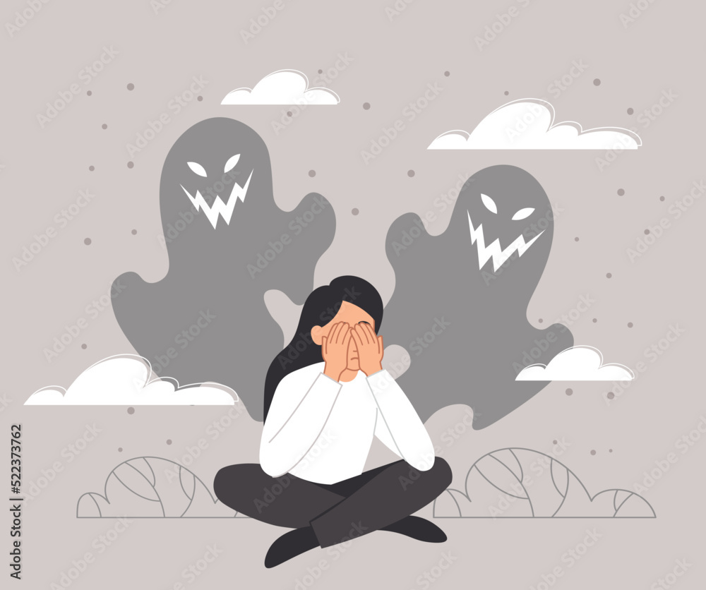 Stress and anxiety. Girl covers face with hands, imagining ghosts ...