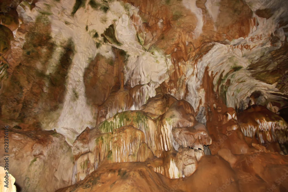 Abstract drawing of an underground cave with stalactites and ...