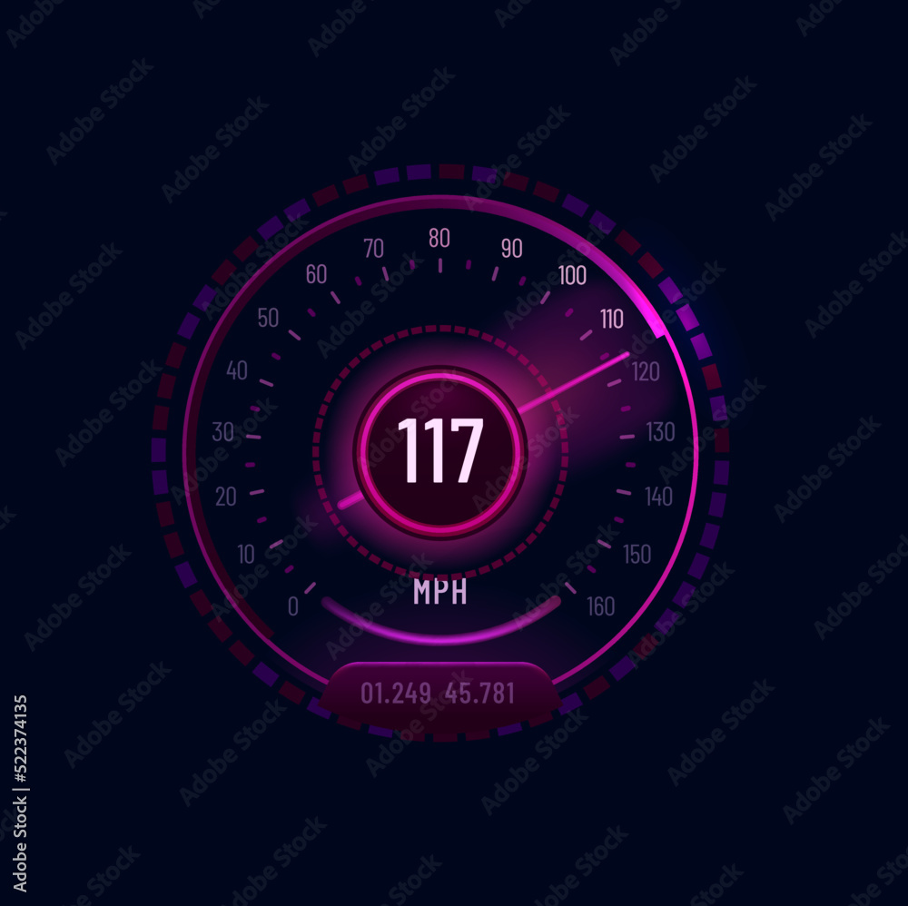 Futuristic car neon speedometer gauge dial. Vehicle odometer indicator ...