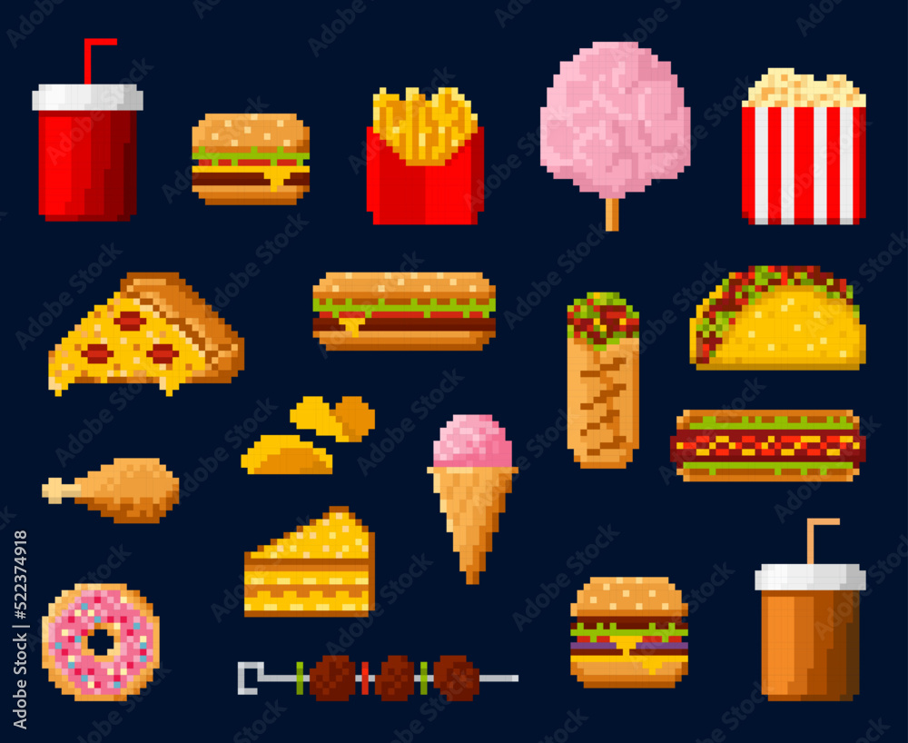 Vecteur Stock Retro 8bit pixel art takeaway fast food, drinks and ...