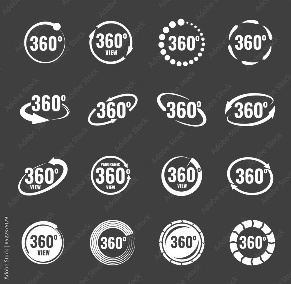360 degrees virtual camera rotate icons. 3d perspective panorama or 360 ...
