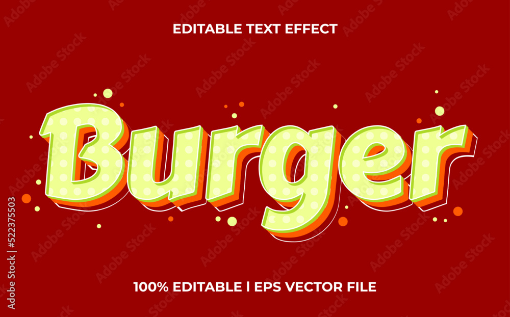 burger 3d text effect with food theme. green typography template for ...