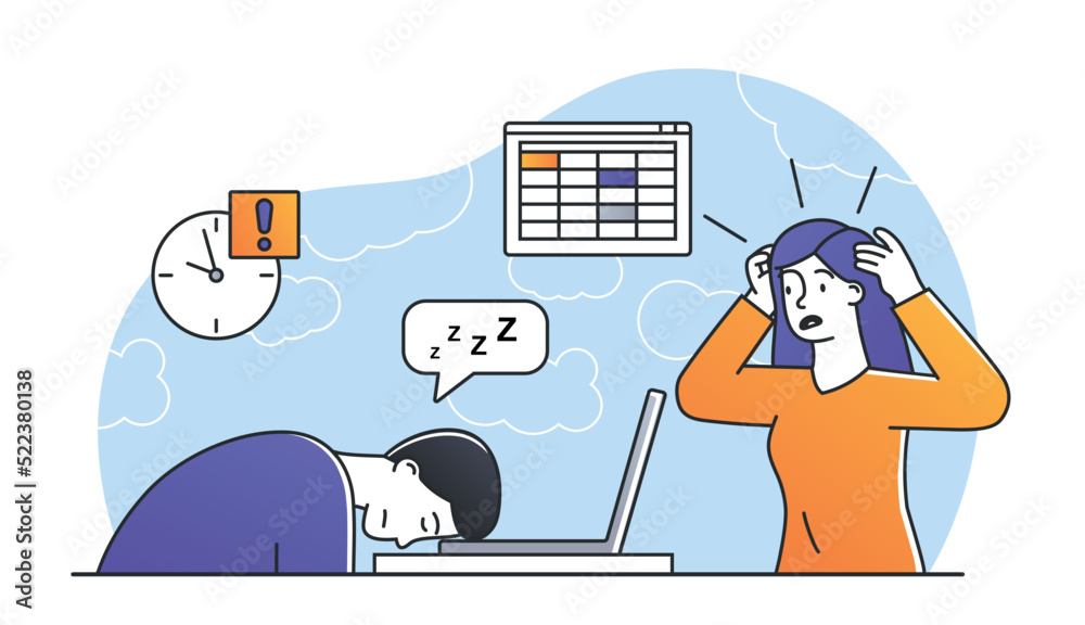 Man sleep at work. Metaphor of emotional outburst, panic and stress ...