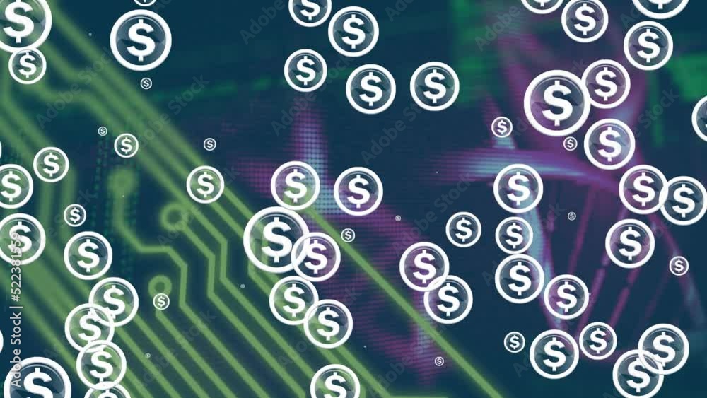 Animation of dollar symbols and dna structures over microprocessor ...