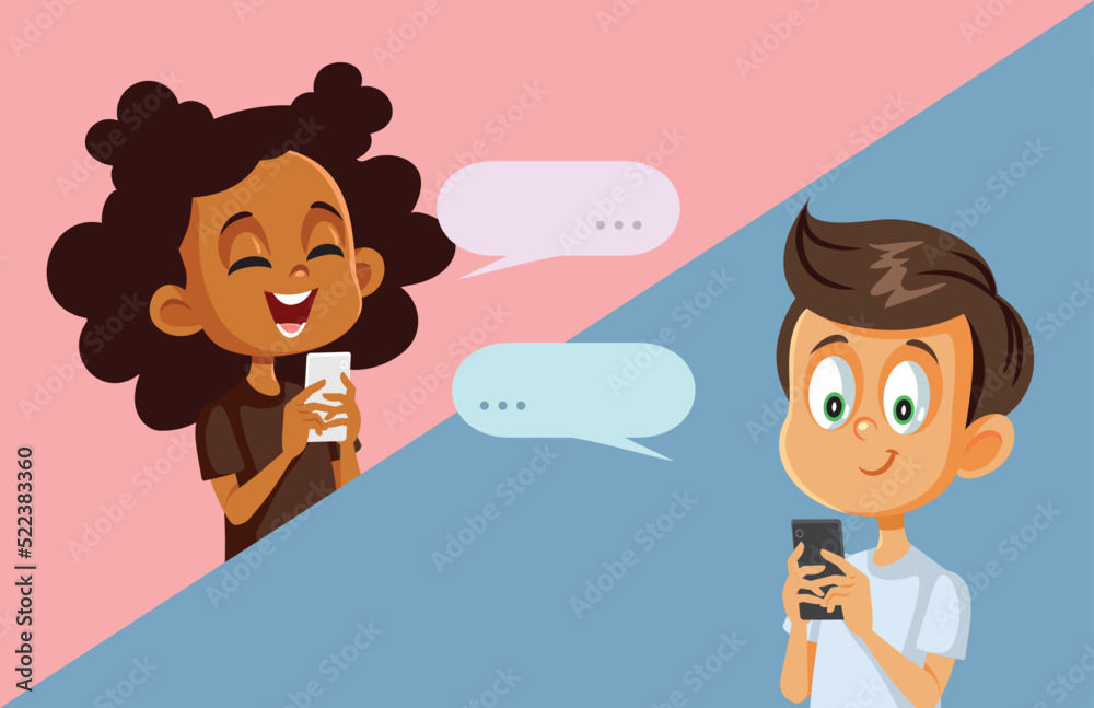 Happy Kids Texting Each Other Vector Cartoon Illustration. Smiling ...