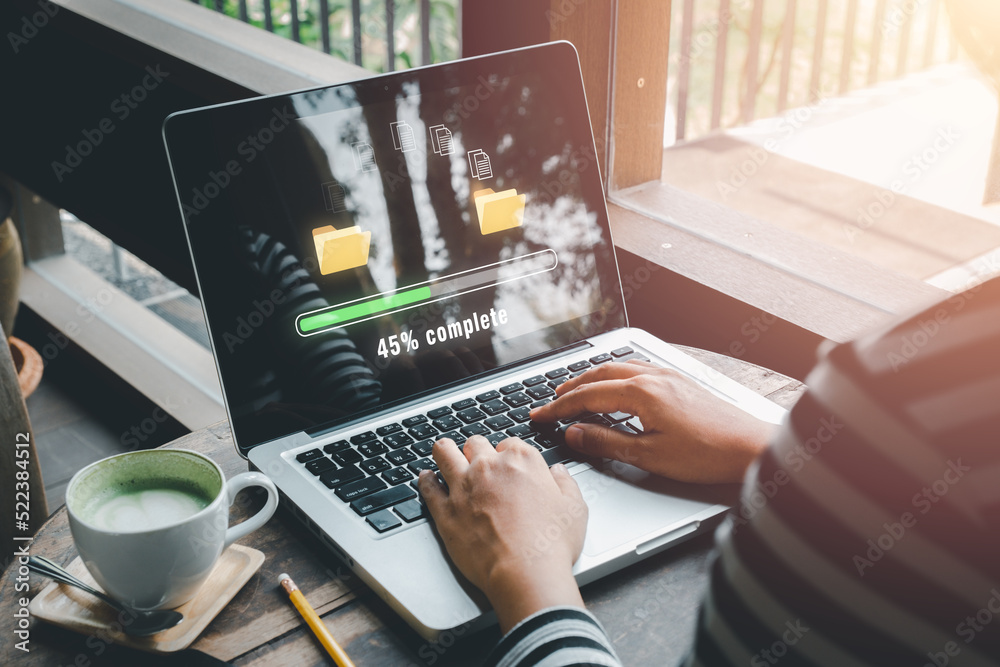 Transfer files data system relocation concept, Person hand using laptop ...