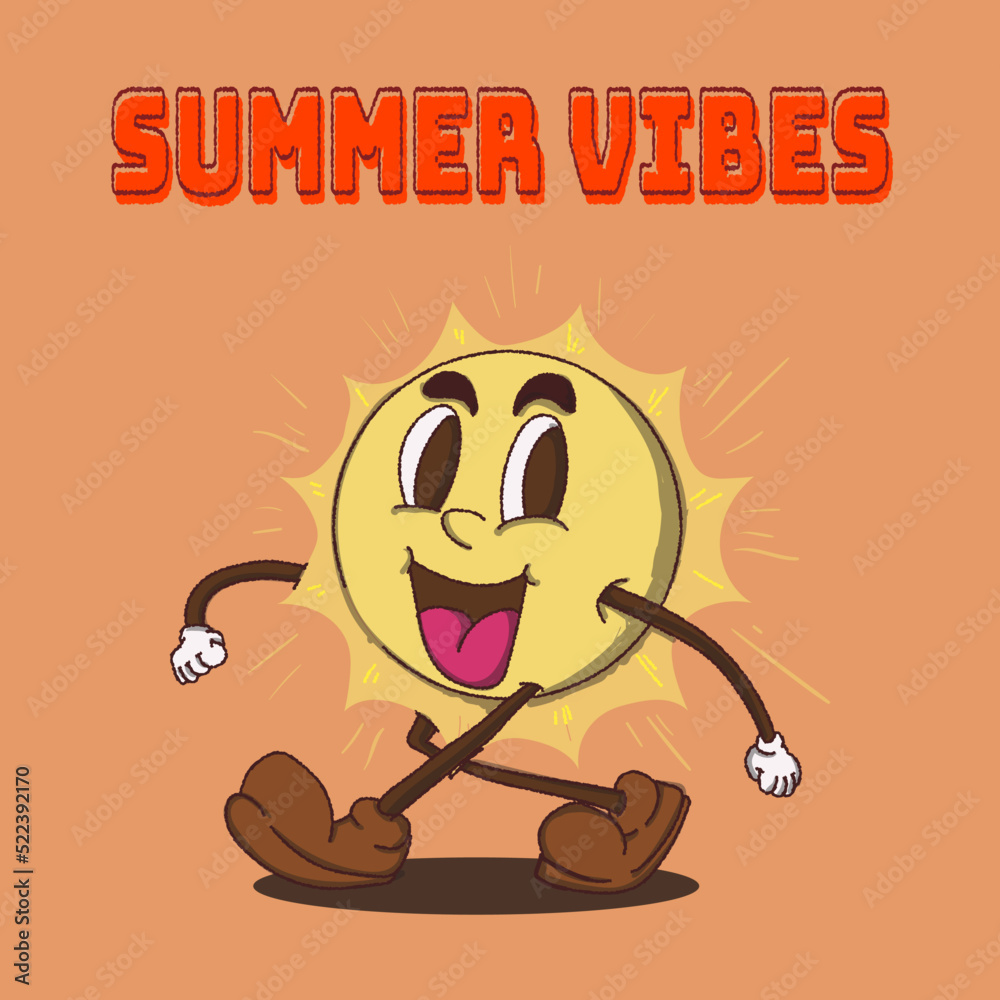 Summer vibes. walking sun cartoon mascot vector illustration with face ...