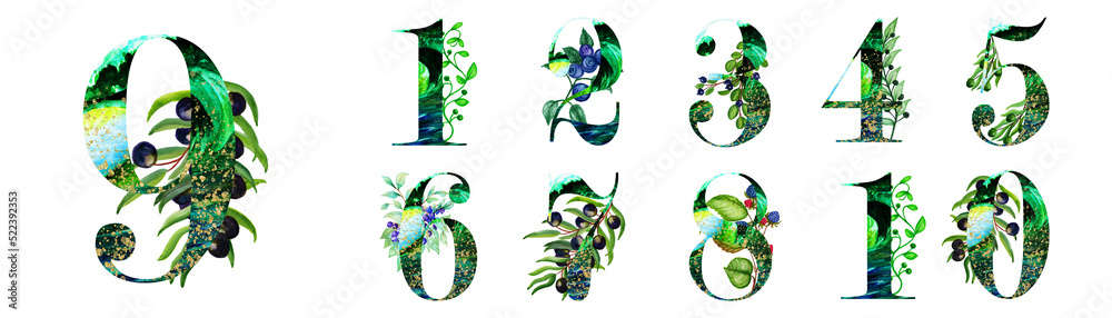 Collection of numbers and olives, watercolor emerald background with ...