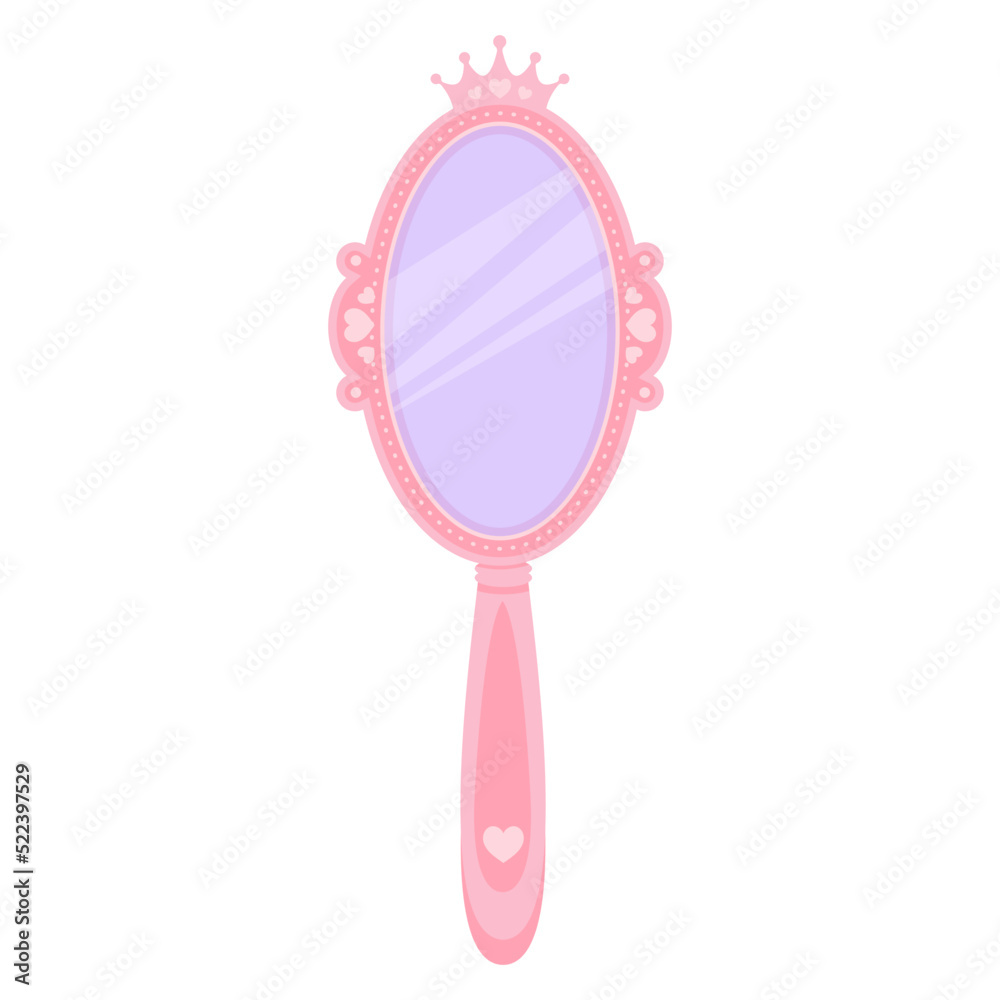 Pink princess mirror with crown. Cartoon oval hand frame for girls ...