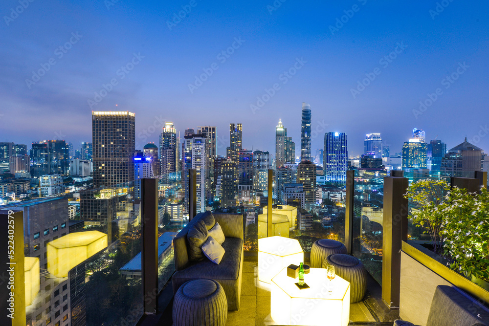 Bangkok city view point from rooftop bar, overlooking a magnificent ...