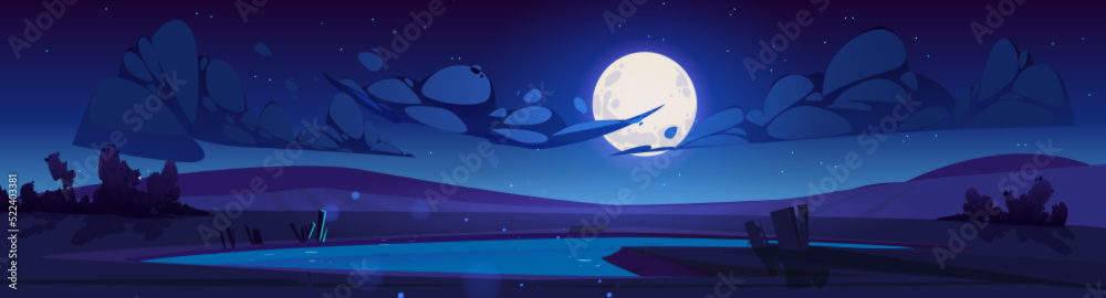 Night lake landscape cartoon vector illustration. Mysterious big moon ...