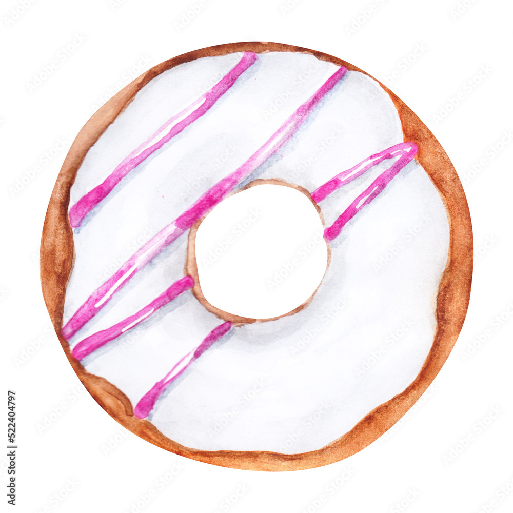 Donut isolated on a white background. Pink and white watercolor ...