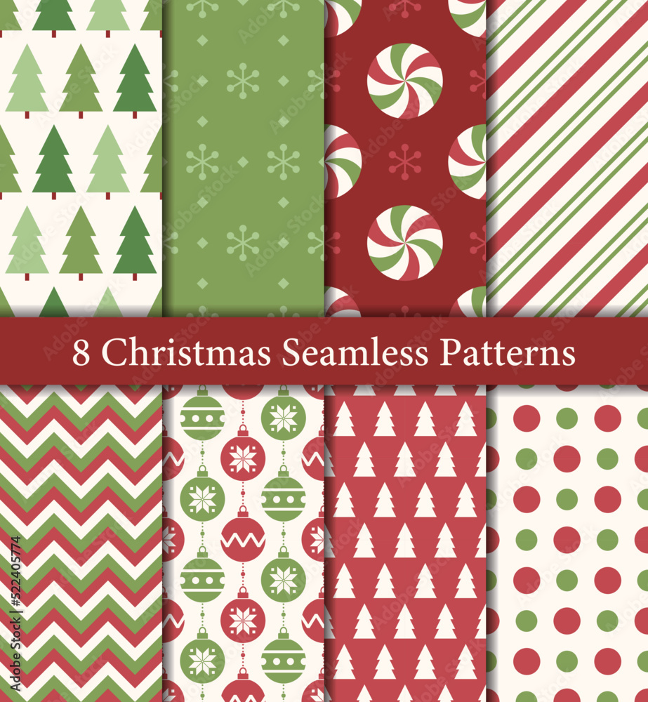 Set of 8 Christmas seamless patterns in traditional red and green ...
