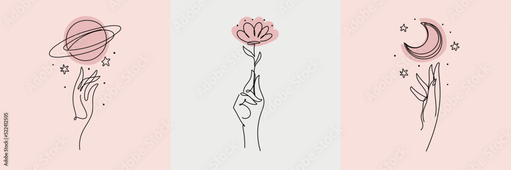 Set of female icons for beauty salon, hand with planet, moon, flower ...