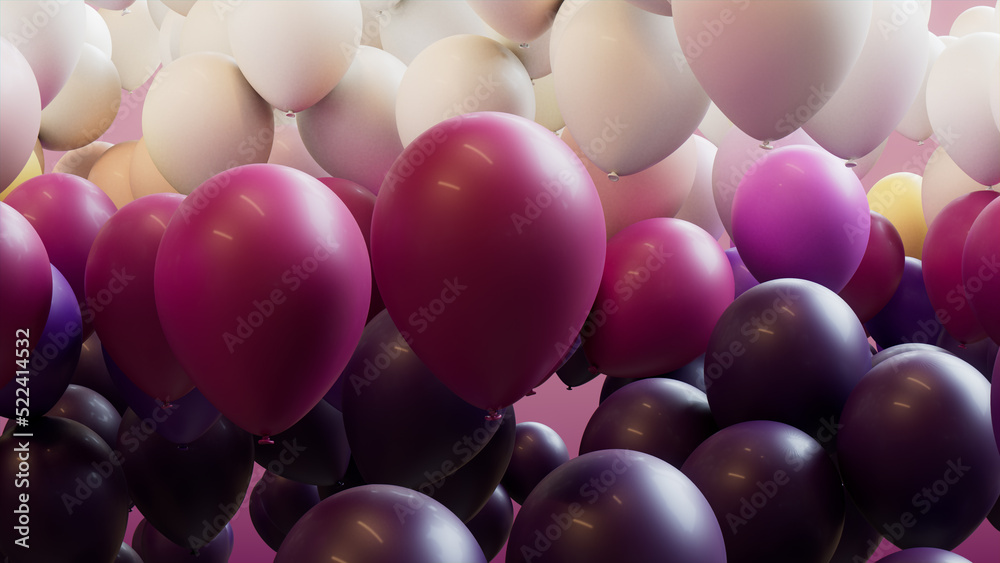 Youthful Birthday Wallpaper, with Purple, Yellow and Cream Balloons. 3D ...