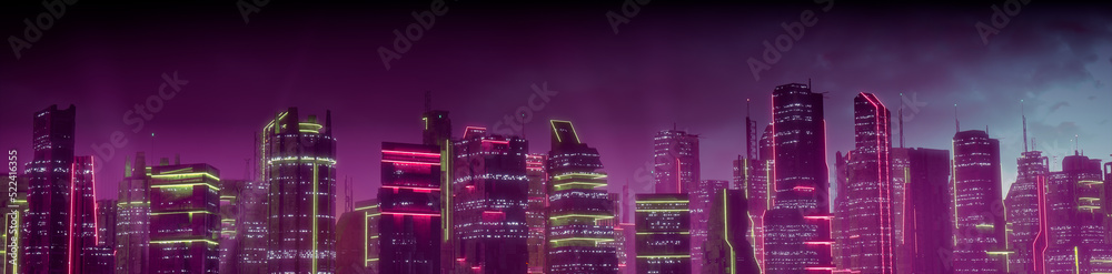 Futuristic Metropolis with Pink and Yellow Neon lights. Night scene ...