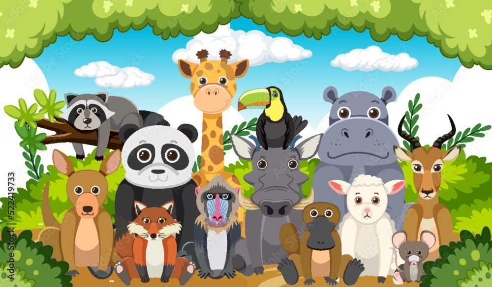 Zoo animals group in flat cartoon style Stock Vector | Adobe Stock