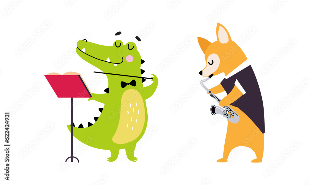 Set of cute animals playing music set. Cute crocodile conductor. Fox ...