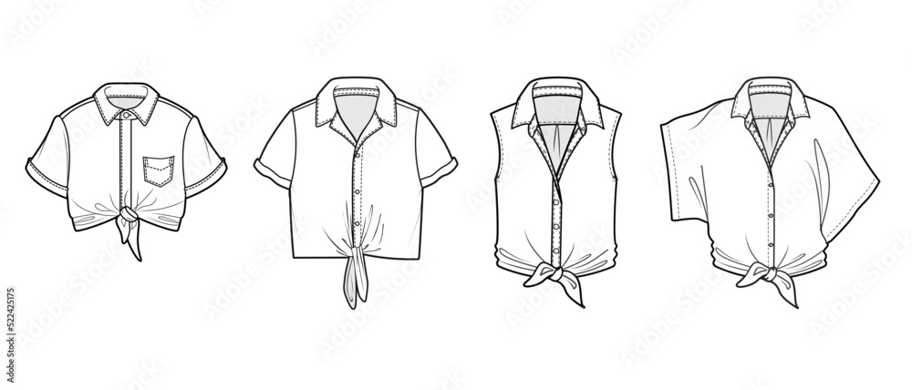 womens blouse flat sketch vector illustration front tie knot shirt ...