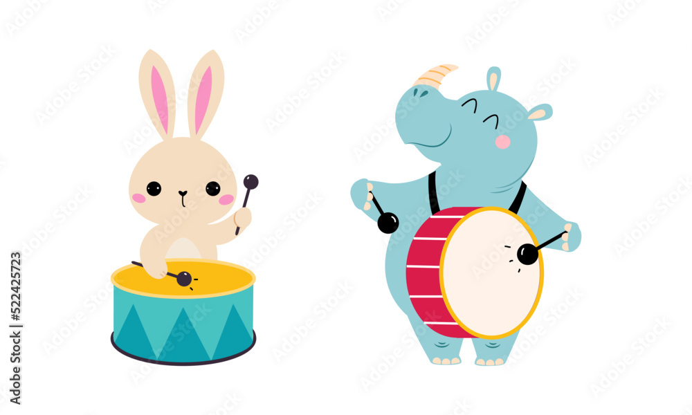 Set of cute animals playing musical instruments set. Bunny and ...