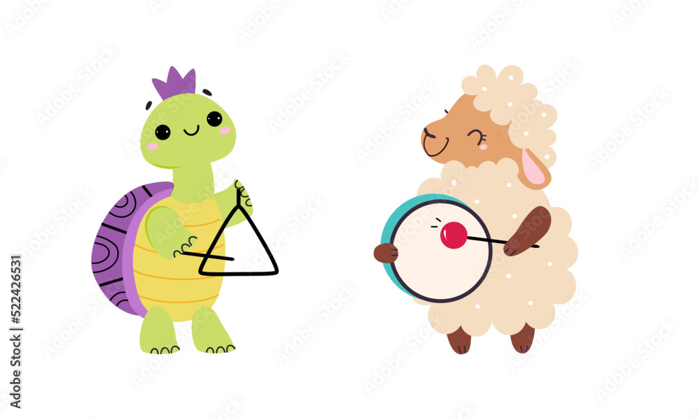 Set of cute animals playing musical instruments set. Turtle and sheep ...