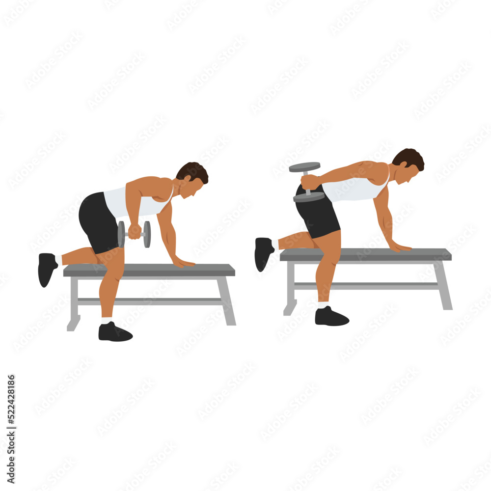 Man doing tricep kickbacks exercise. Flat vector illustration isolated ...