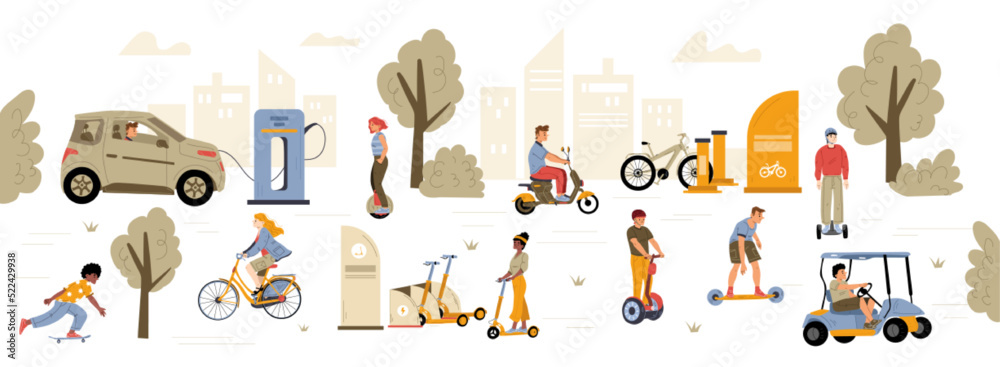 Vetor de People riding eco transport in city, young characters use ...
