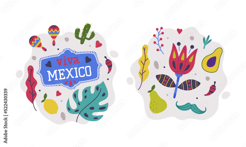 Viva Mexico. Set of traditional Mexican symbols cartoon vector ...